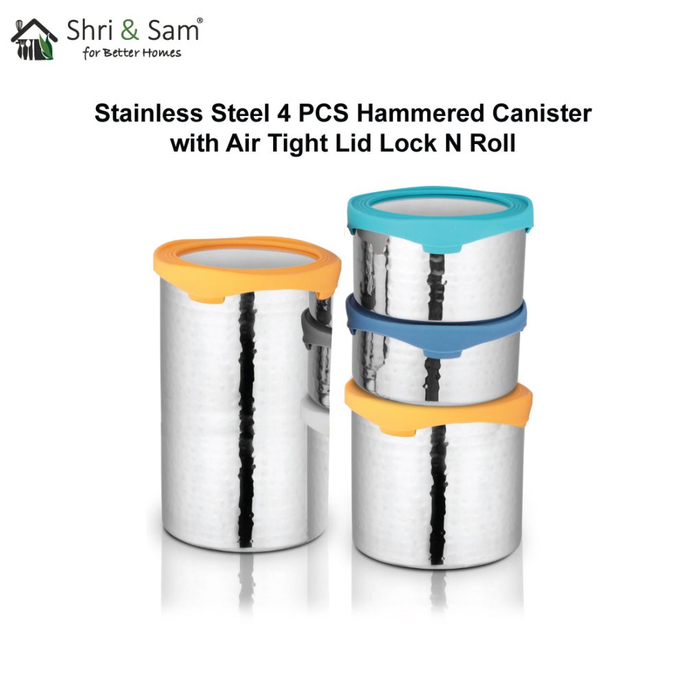 4 PCS Hammered Canister with Air tight lid - Lock N Roll | Stainless Steel
